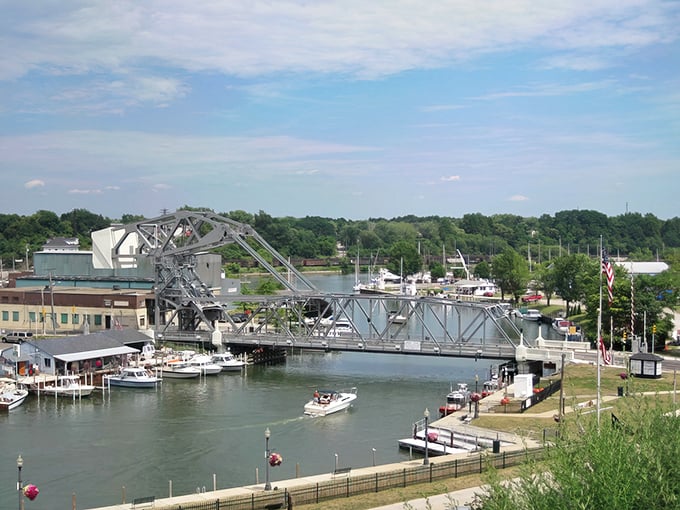 Ashtabula's iconic lift bridge stands as a testament to industrial elegance, where engineering and artistry meet over calm harbor waters.