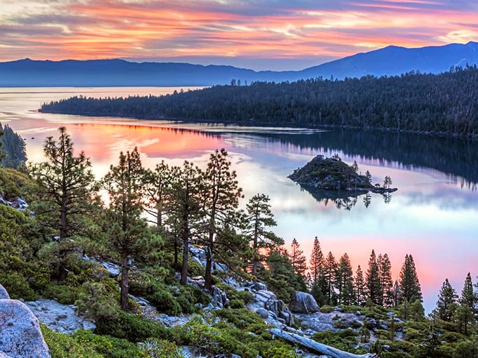 Mother Nature showing off her best work—Emerald Bay's impossibly blue waters cradle Fannette Island like a precious jewel in California's alpine crown.