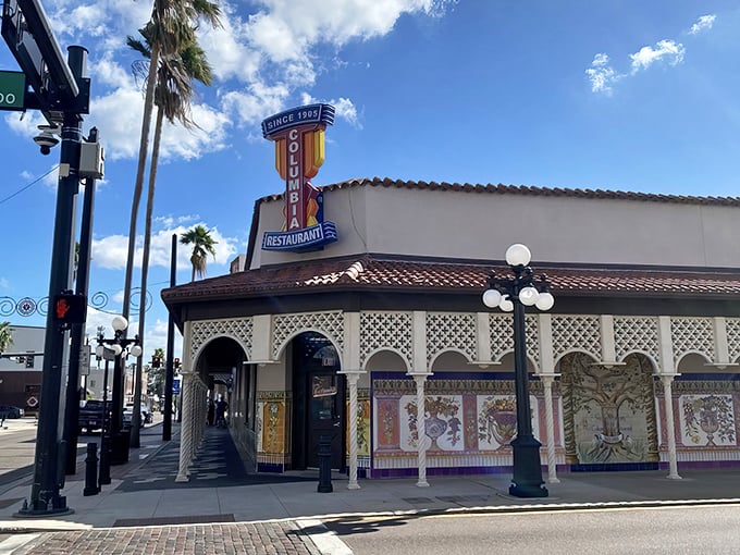 The iconic Columbia Restaurant stands proudly in Ybor City, its Spanish-style architecture promising culinary adventures that have delighted diners for generations.