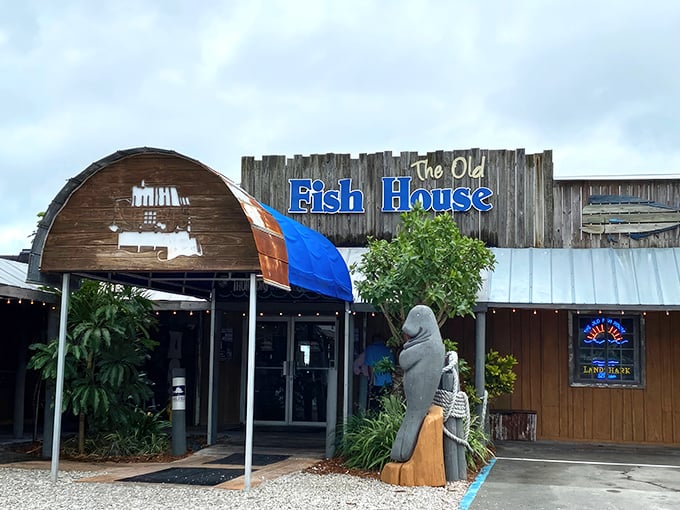 The weathered wooden exterior and manatee sentinel perfectly capture Old Florida charm. This isn't a place that needs neon signs to announce its treasures.