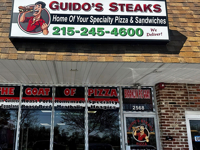 The unassuming storefront of Guido's promises culinary treasures within. Those red signs aren't just decoration—they're a roadmap to sandwich nirvana.