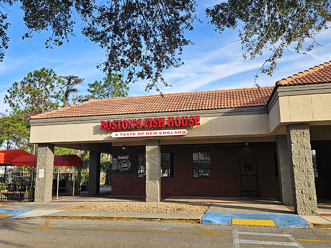 The iconic red lettering of Boston's Fish House beckons seafood lovers, while that inflatable polar bear stands guard in the Florida heat—a delightfully puzzling sentinel.