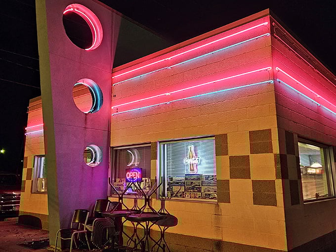 That iconic teal fin isn't just architectural flair—it's a beacon calling hungry time-travelers to Alliance's most authentic slice of the 1950s.