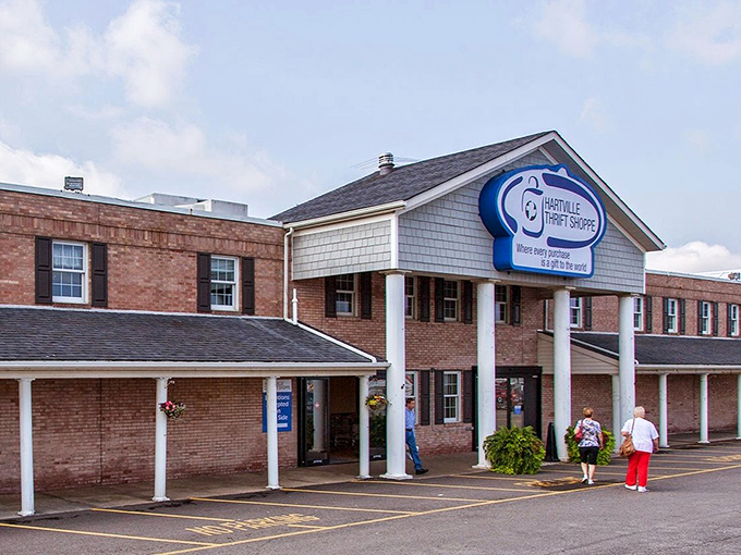 The stately brick exterior with its distinctive blue sign promises treasure hunting on an epic scale—like a suburban Atlantis for bargain seekers.