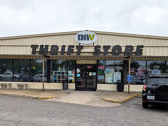 The unassuming exterior of DAV Thrift Store hides a treasure trove within. Like finding the wardrobe to Narnia, but with vintage bargains instead of talking lions.
