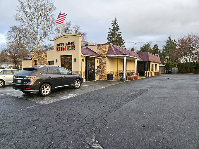 Stone and stucco never looked so inviting – City Line Diner stands ready for your breakfast pilgrimage.