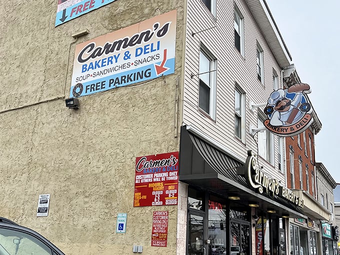 The storefront that launched a thousand cravings. Carmen's elegant signage and classic American flag promise authentic Italian-American delights within these Hazleton walls.