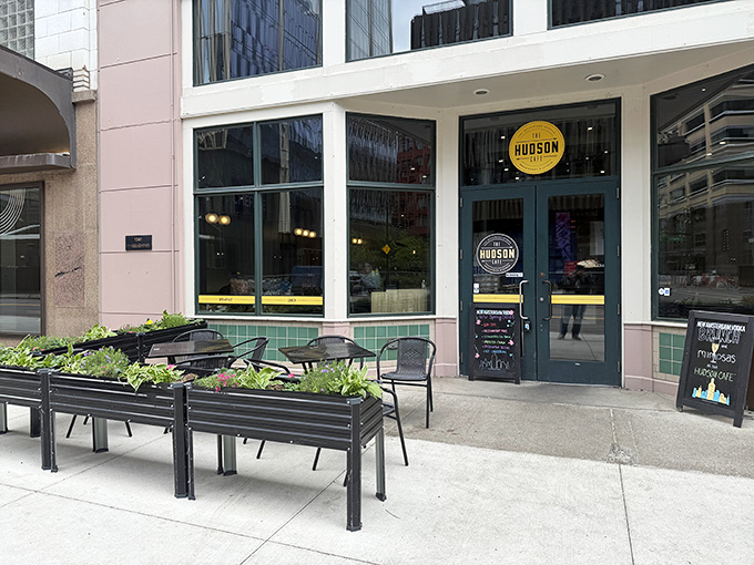 The unassuming facade of The Hudson Cafe on Woodward Avenue belies the breakfast magic happening within. Detroit's downtown gem awaits.