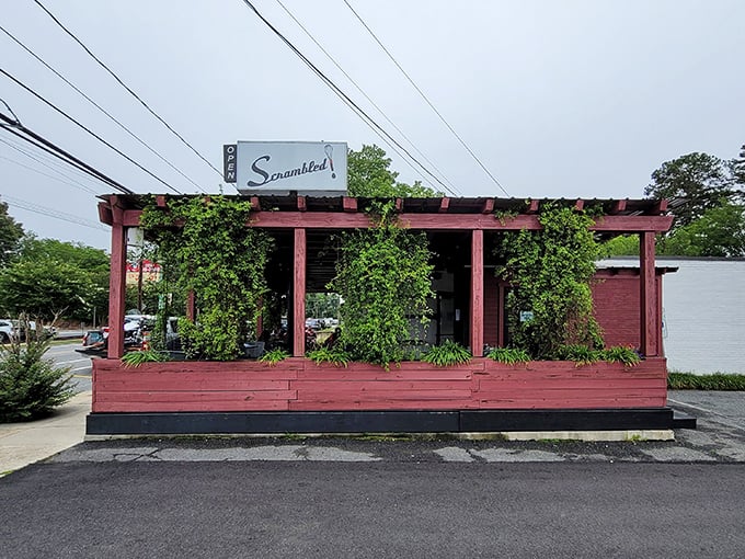 The unassuming exterior of Scrambled, where vines creep up the pergola like nature's own welcome committee, promising delicious secrets inside.