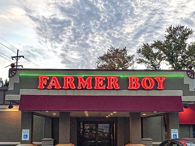 The neon glow of Farmer Boy's sign isn't just illumination—it's a beacon calling hungry souls home to comfort food paradise.