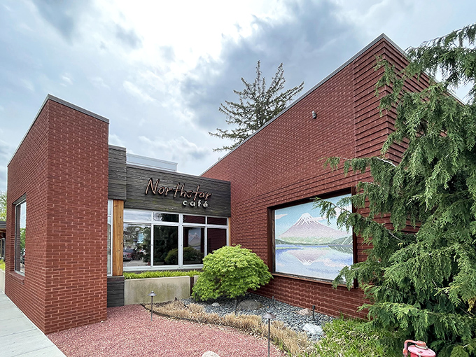 Nestled on a corner in Uptown Westerville, Northstar Café's brick exterior promises culinary delights within. The American flag adds a touch of hometown charm.