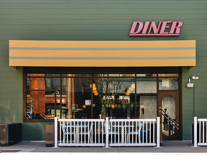 The sunshine-yellow exterior of Little Goat Diner stands out in Chicago's West Loop like a breakfast beacon calling to hungry souls.