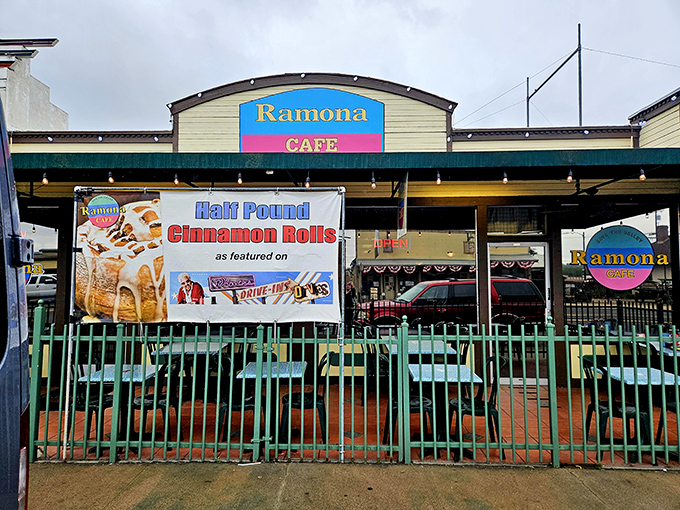 The unassuming exterior of Ramona Cafe proudly announces its claim to fame—half-pound cinnamon rolls that have achieved celebrity status in California's breakfast scene.