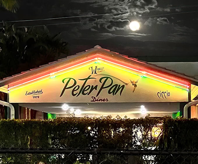 The Peter Pan Diner glows like a beacon in the night, promising culinary magic that even Tinkerbell would approve of. No fairy dust required.