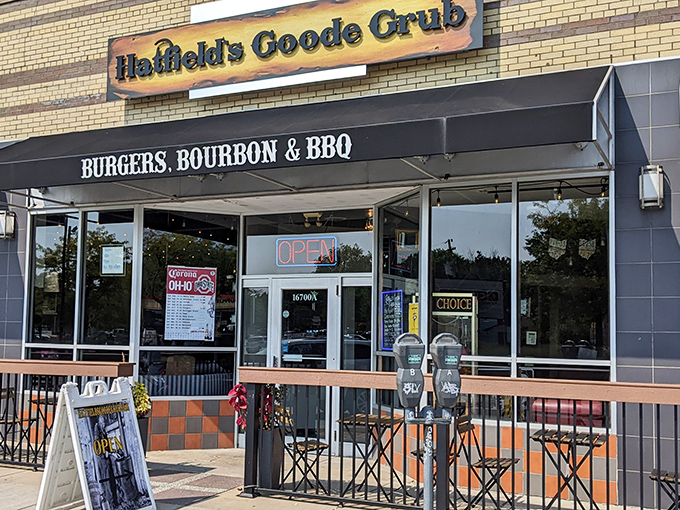The storefront promises "Burgers, Bourbon & BBQ" – three words that could make even a full person suddenly hungry again.