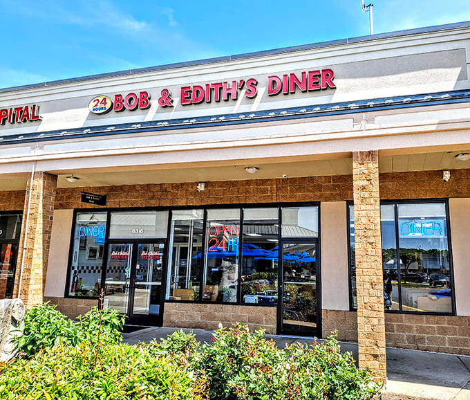 The iconic red signage of Bob & Edith's Diner glows like a beacon for hungry travelers. This 24-hour Springfield institution promises comfort food salvation at any hour.