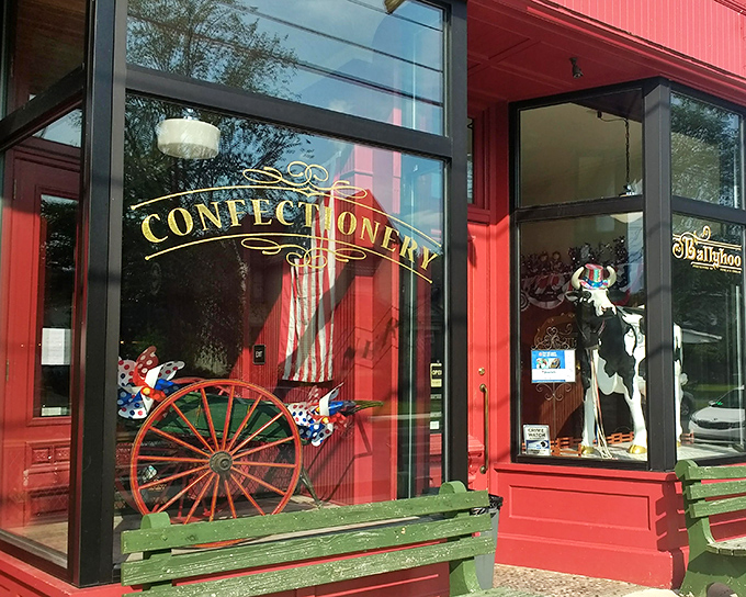 The vibrant red storefront with "CONFECTIONERY" in gold lettering isn't just eye-catching—it's a portal to your sweetest childhood memories.