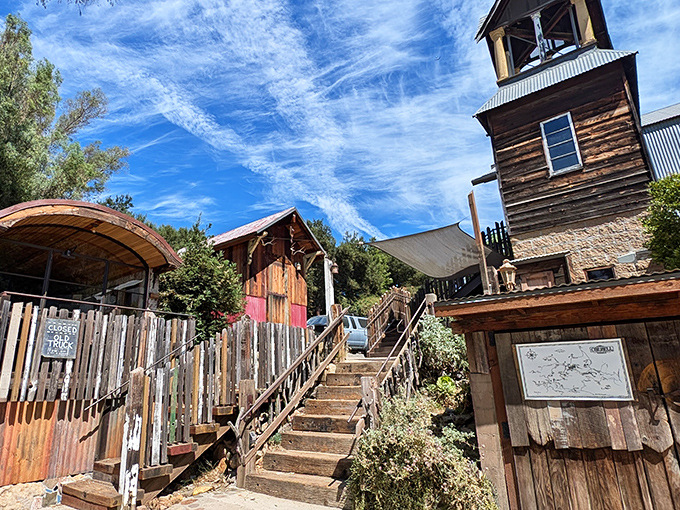 The stairway to heaven might be made of clouds, but the stairway to culinary bliss is made of weathered wood at The Old Place's rustic exterior.