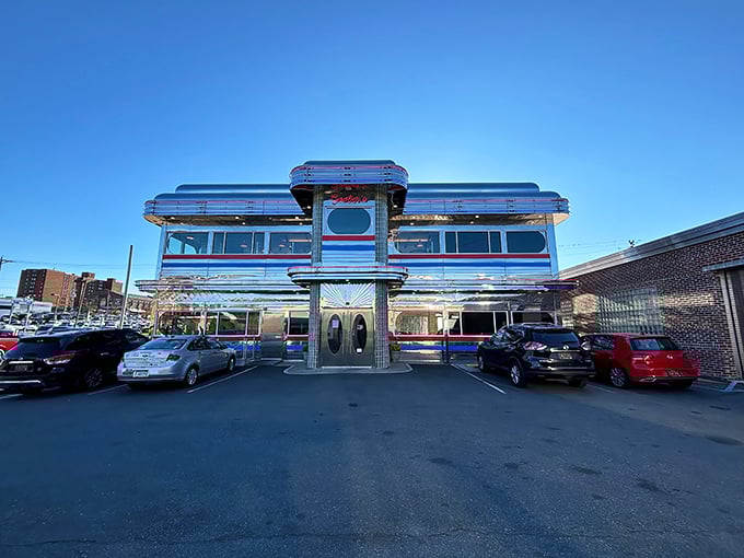 The mothership has landed! Goobers' gleaming chrome exterior isn't just a diner—it's a time machine with a side of pancakes waiting inside.