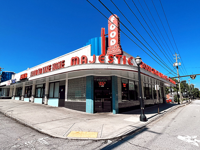 The neon promise of "FOOD THAT PLEASES" has been Atlanta's most honest advertising campaign for decades. Classic Americana at its finest.