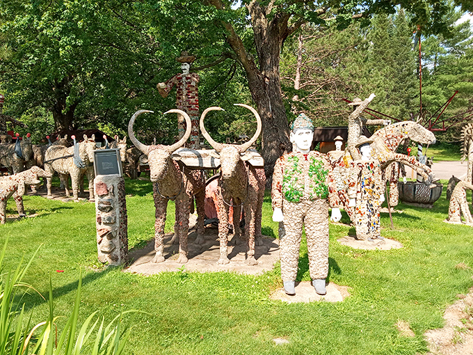 Welcome to Wisconsin's most delightfully bizarre roadside attraction, where concrete people have been having the same conversation since the Eisenhower administration.