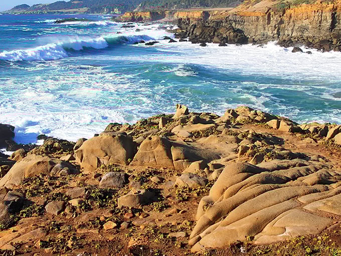 Nature's perfect drama unfolds where rugged sandstone meets the relentless Pacific, creating a coastline that belongs on the cover of every California tourism brochure.