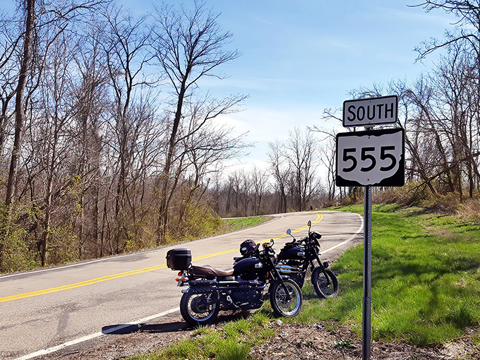 The iconic South 555 sign welcomes riders to Ohio's ultimate motorcycle playground. Two wheels and endless curves—what more could you ask for?