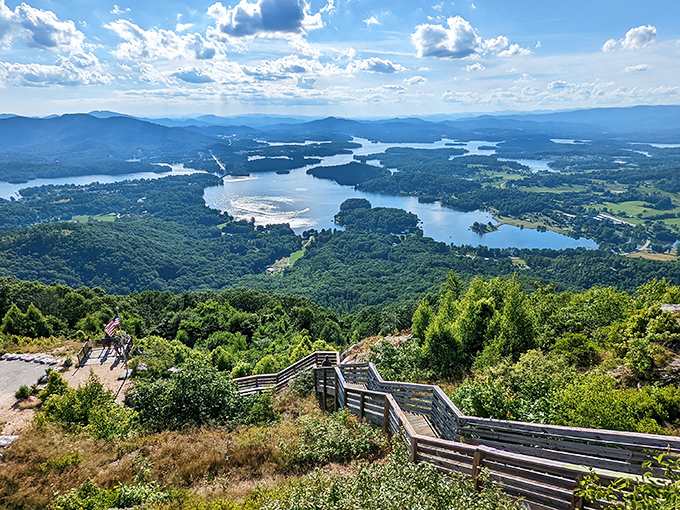 The wooden stairway to heaven! Bell Mountain's observation deck offers a front-row seat to nature's most spectacular show: the Blue Ridge Mountains embracing Lake Chatuge.