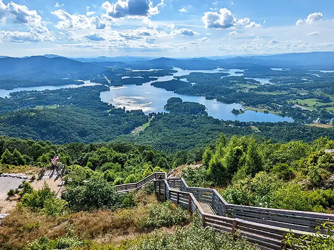 The wooden stairway to heaven! Bell Mountain's observation deck offers a front-row seat to nature's most spectacular show: the Blue Ridge Mountains embracing Lake Chatuge.