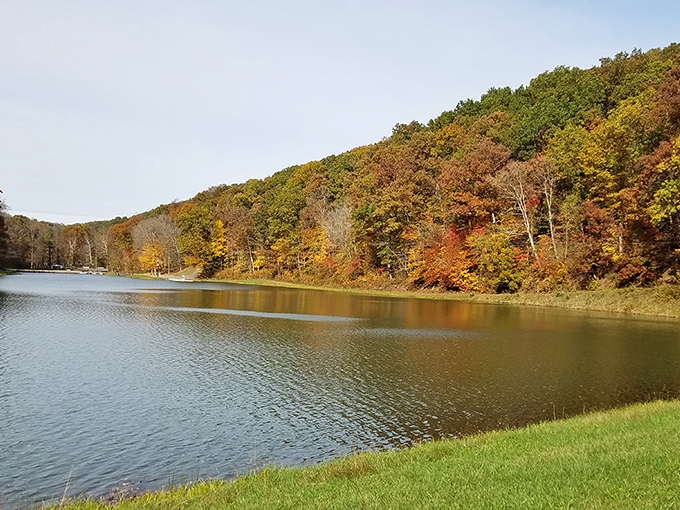 Nature's own masterpiece – Pine Lake reflects autumn's fiery palette like a mirror specially designed for showcasing Ohio's seasonal wardrobe change.