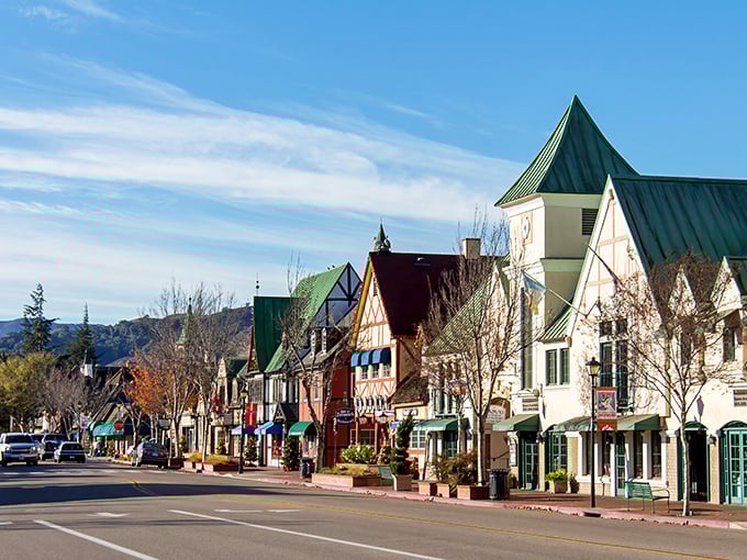 Solvang's main street looks like Denmark decided California needed a splash of Scandinavian charm. Those colorful facades aren't just for show – they're portals to pastry heaven.