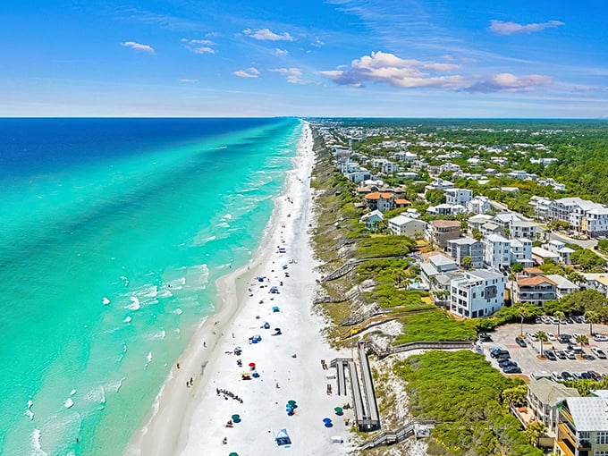 Seaside's coastline stretches like nature's infinity pool, where turquoise waters meet powdery white sand. Paradise isn't always overseas—sometimes it's just a road trip away.