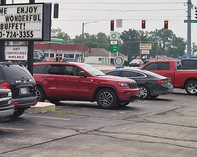 The packed parking lot tells the real story – when locals line up like this in rural Indiana, you know you've struck culinary gold.