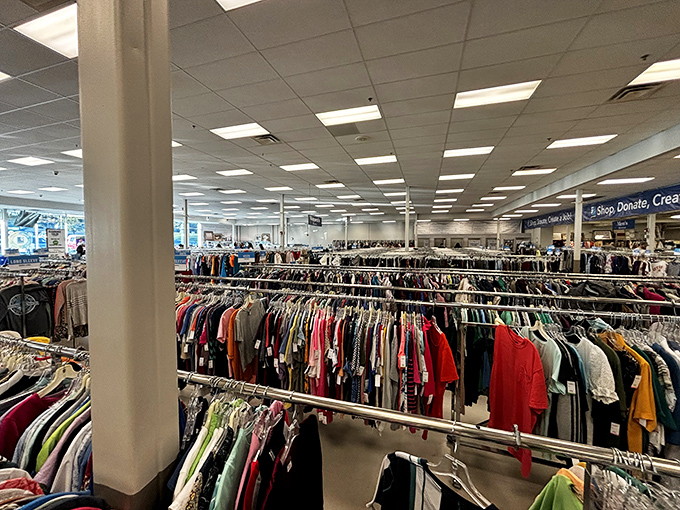 Welcome to the promised land of thrift! Ohio Valley Goodwill's clothing section stretches so far you might need trail mix for the journey.