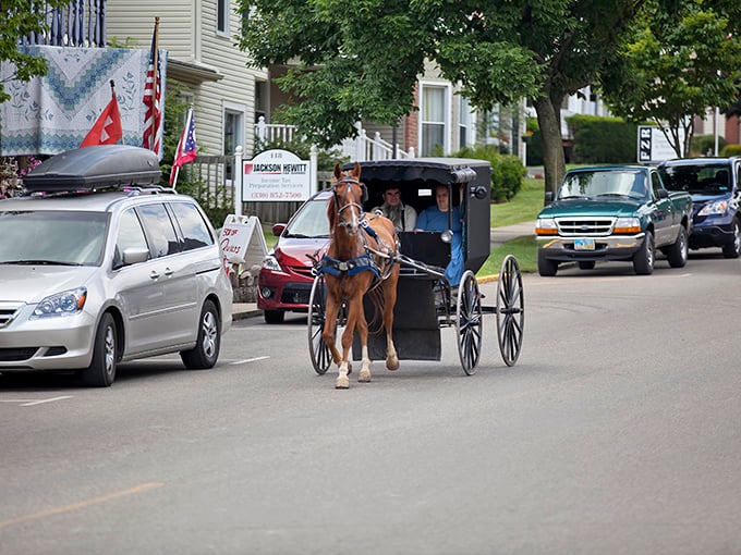 Horse-drawn buggies share the road with modern cars, creating a delightful time-travel experience on every street corner.
