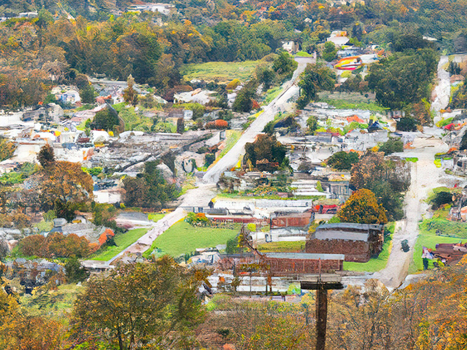An aerial view of Rockbridge in autumn glory, where nature's paintbrush has created a masterpiece of reds and golds among the rolling hills.