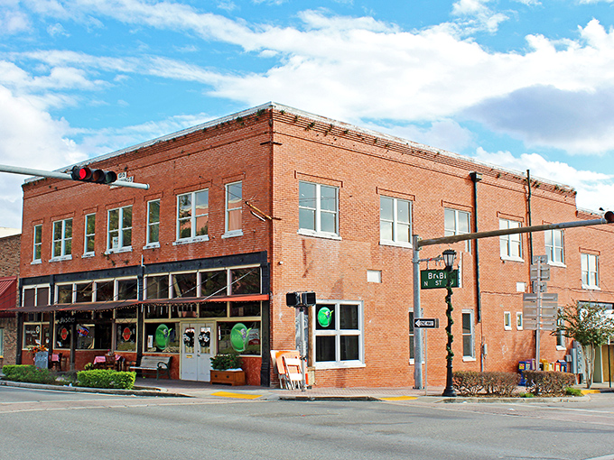 Historic brick buildings like this one anchor Brooksville's downtown, where time slows down and charm speeds up.