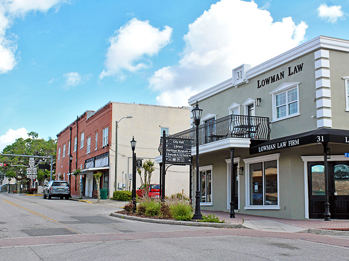 Historic brick buildings like this one anchor Brooksville's downtown, where time slows down and charm speeds up.