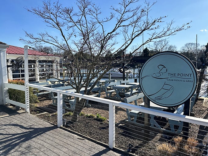 The waterfront patio at The Point offers that rare dining trifecta: fresh air, boat views, and the promise of seafood that was swimming this morning.