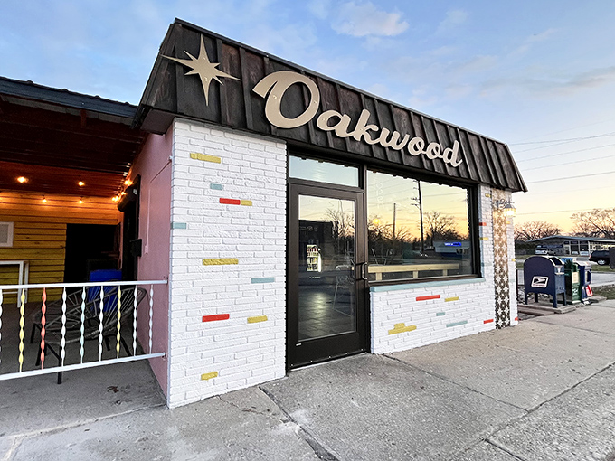 The star-adorned facade of Oakwood Proper Burgers beckons like a burger lighthouse on Traverse City's culinary shoreline. Those colorful brick accents aren't just for show—they're foreshadowing the creativity waiting inside.