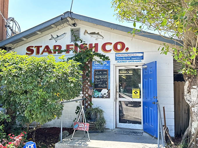 That bright blue door isn't just an entrance – it's your portal to Gulf Coast seafood paradise.