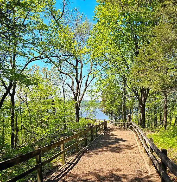 Nature's welcome mat unfurls along this sun-dappled trail, where the Mississippi River peeks through the trees like a shy neighbor wondering if you brought snacks.
