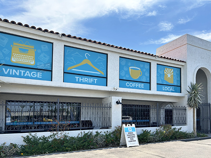 The desert sun gleams off Thrift to Thrive's iconic blue and white façade, where "Vintage," "Thrift," "Coffee," and "Local" aren't just words—they're promises kept.