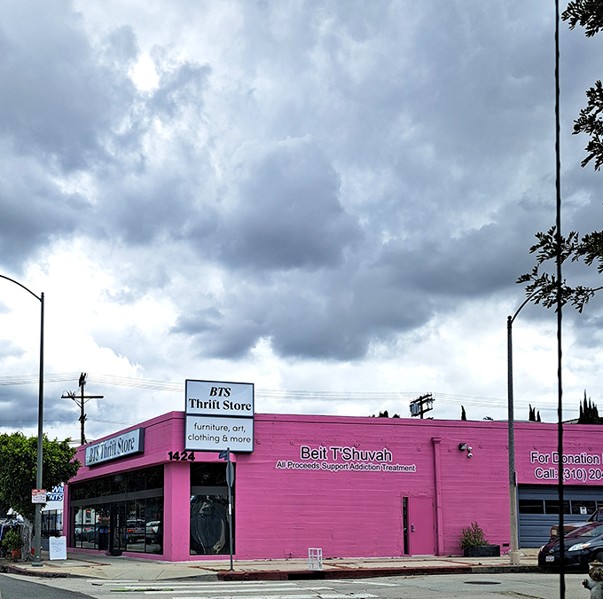 The hot pink building isn't playing hard to get – it's practically shouting "Come find treasures!" from Pico Boulevard's bustling landscape.