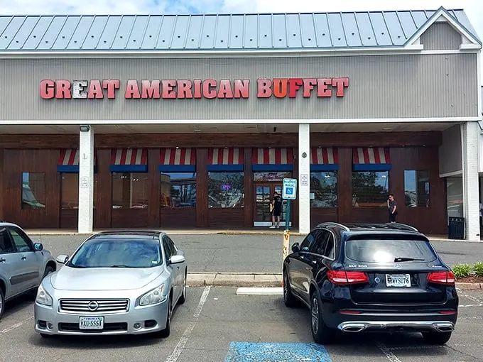 The Great American Buffet's exterior promises what lies within—a temple of culinary abundance where stretchy pants are your best friend.