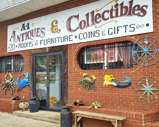 The nautical-themed façade of A-1 Antiques welcomes treasure hunters with colorful crabs and compass roses—Maryland's coastal charm in brick-and-mortar form.