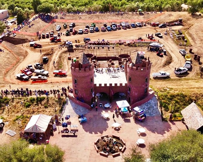 Castle Noz from above reveals its true scale and popularity. Turns out, "if you build it medieval-style, they will come" works just as well as the baseball version.