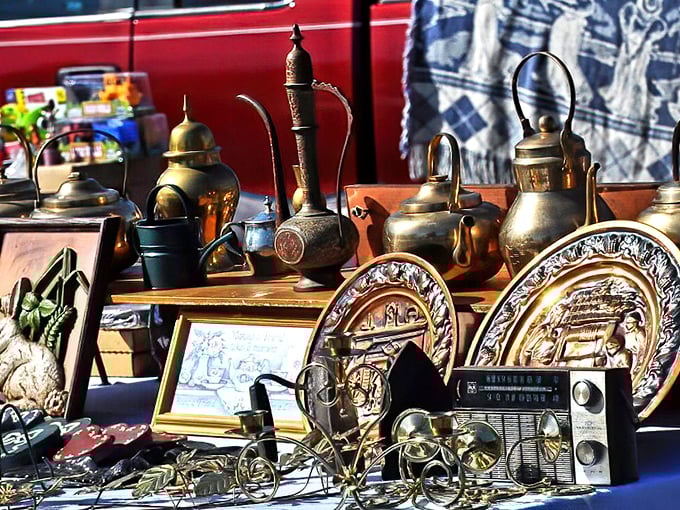 Brass teapots and vintage radios create a still life worthy of a time traveler's Instagram. Each patina tells a story of decades past.