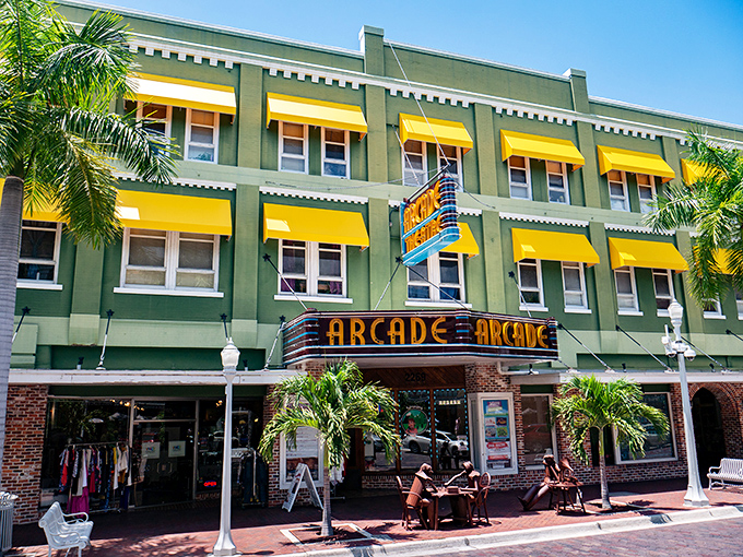 The historic Arcade Theatre's vibrant façade and vintage marquee transport you to an era when going to the movies was an event worth dressing up for.