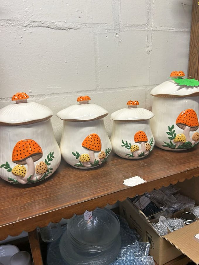 The mushroom canister set marches in graduated formation—1970s kitchen kitsch that somehow feels both nostalgic and surprisingly current.